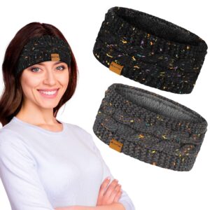 kuttor 2 pack fuzzy fleece headband fleece lined ear warmer knit thick warm headwraps cable knit headband