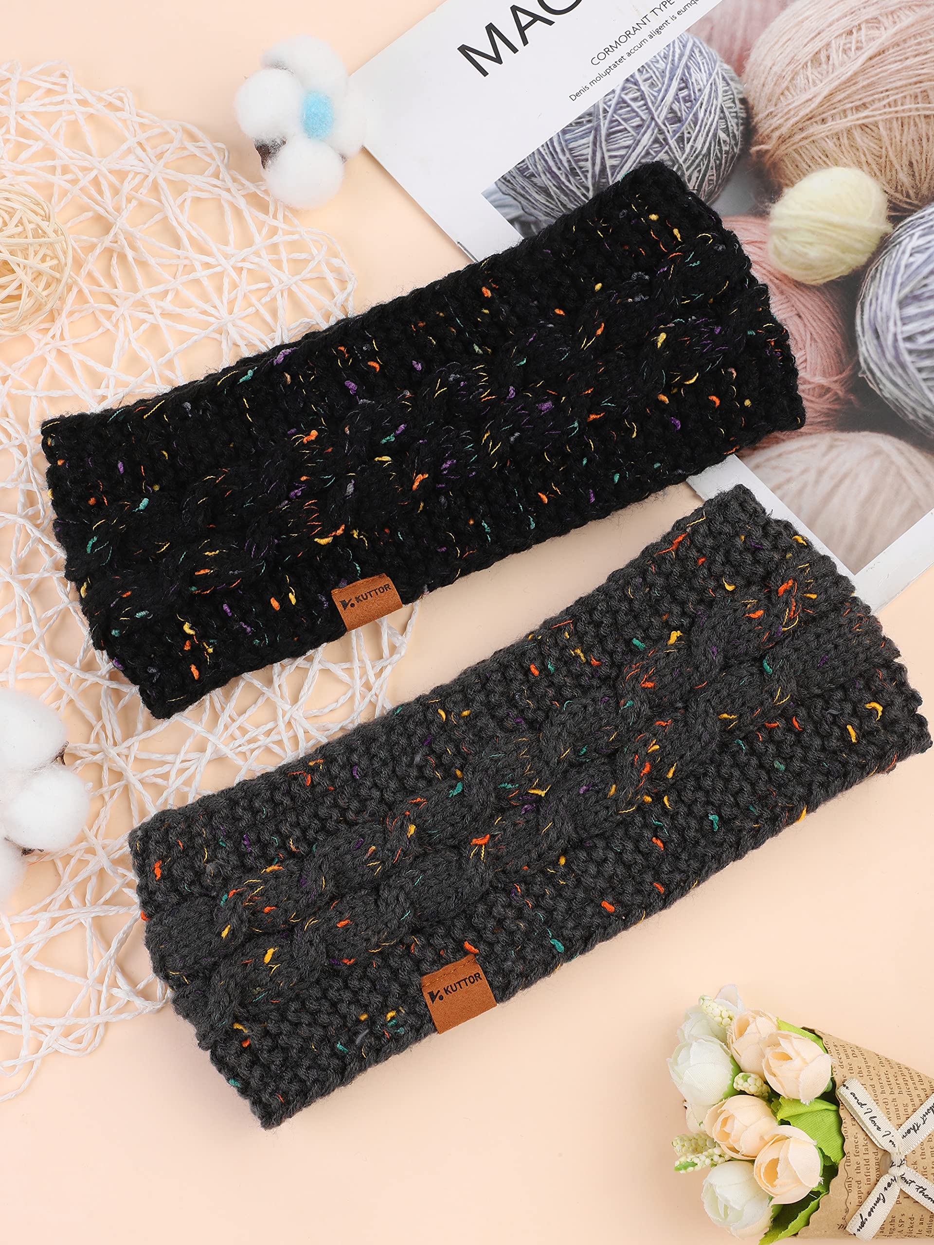 KUTTOR 2 Pack Fuzzy Fleece Headband Fleece Lined Ear Warmer Knit Thick Warm Headwraps Cable Knit Headband