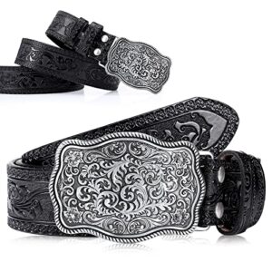 xuniea mens cowboy western leather buckle belt engraved floral buckle belt vintage embossed belt, 1-1/2 inch wide (black,45 inch)