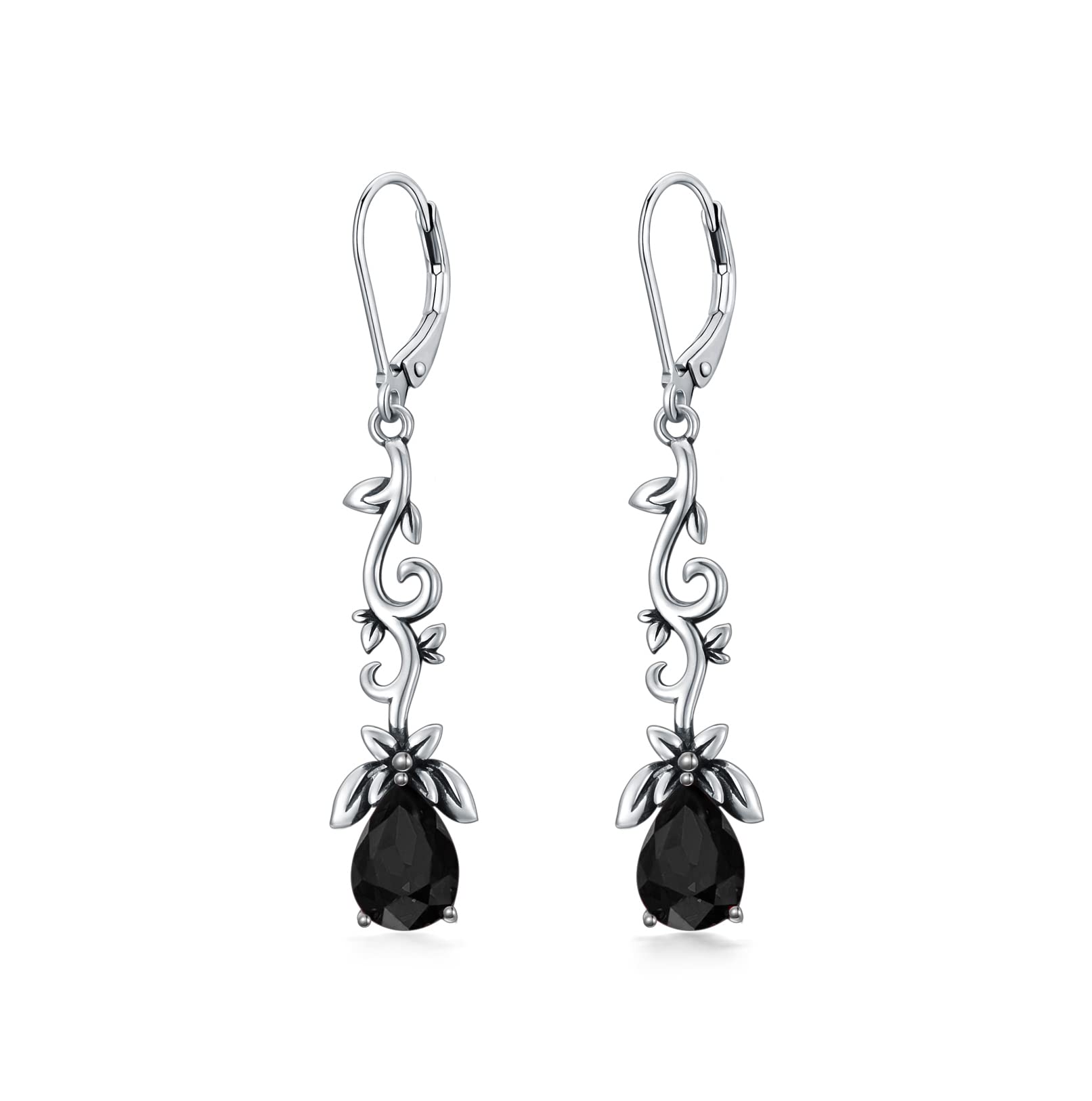 Black Earrings for Women 925 Sterling Silver Vintage Oxidized Branches Dangle Drop Leverback Earrings with Jet Black Crystal, Earrings Gifts for Women