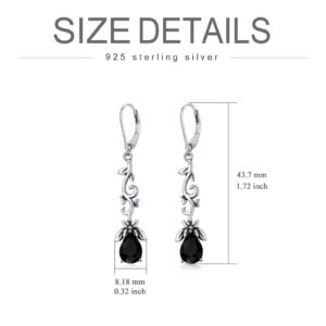 Black Earrings for Women 925 Sterling Silver Vintage Oxidized Branches Dangle Drop Leverback Earrings with Jet Black Crystal, Earrings Gifts for Women