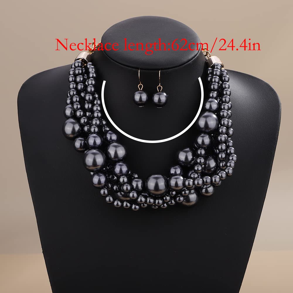 Wiwpar 2PCS Large Chunky Statement Black Faux Pearl Bib Choker Necklace and Earring Set for Party Wedding Halloween Ladies (black)