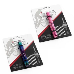 kom cycling tubeless tire repair kit for bikes – pink and iridescent bundle! fixes mountain bike and road bicycle tire punctures – includes tire repair fork and reamer, 8 bacon strips.