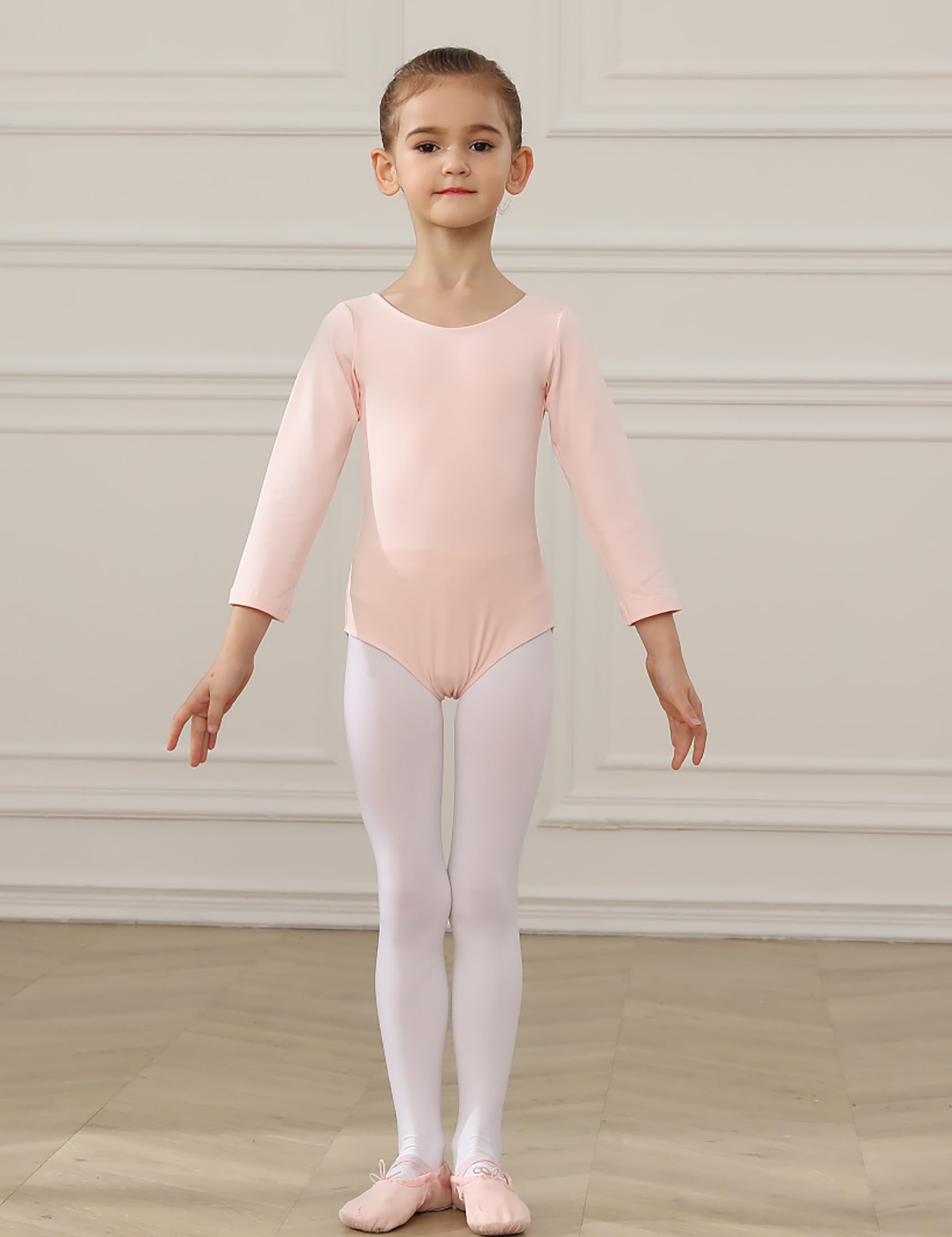 HIPPOSEUS Team Basic Long Sleeve Ballet Leotard for Girls and Toddlers Gymnastics Ballet Dance, AM0019-Light Pink, 11-12 Years