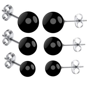 irumeng black obsidian ball earrings studs, 3 pairs black ball studs earrings set size 4/6/8mm 925 sterling silver studs