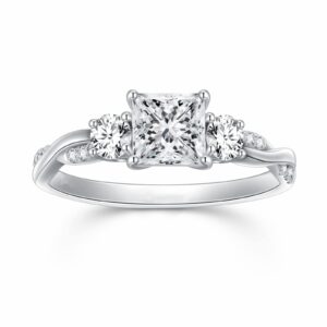 1-1/4 carat(ctw) princess cut engagement rings for women white gold 3 stone moissanite engagement rings platinum plated silver 10k 14k 18k gold wedding anniversary promise rings with text engraving(platinum plated silver)