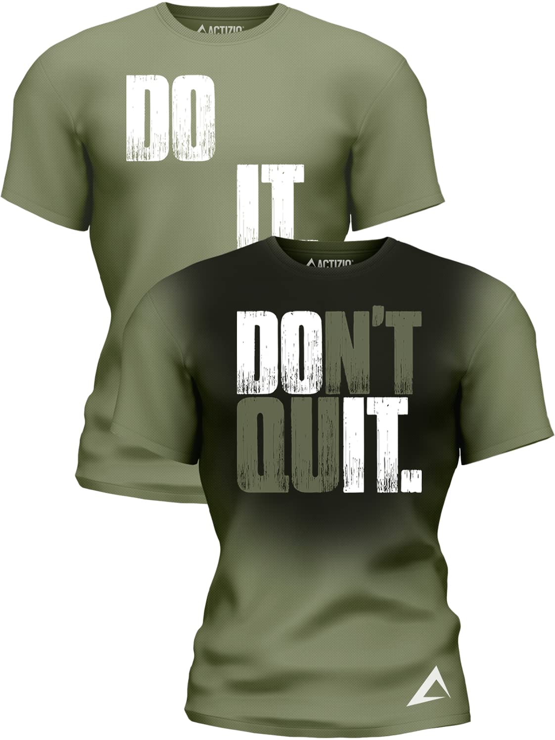 Actizio Men's Workout Shirt Performance Fabric T-Shirt Short Sleeve Sweat Activated Motivational Exercise Gym Athletic Fit Moisture Wicking Fitness Shirt - Do It Don't Quit - Army Green (Size M)