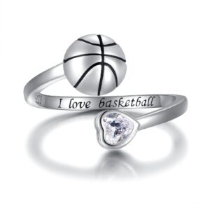 925 sterling silver basketball baseball softball football tennis racket ring adjustable sports jewelry gifts for women player mom (basketball)