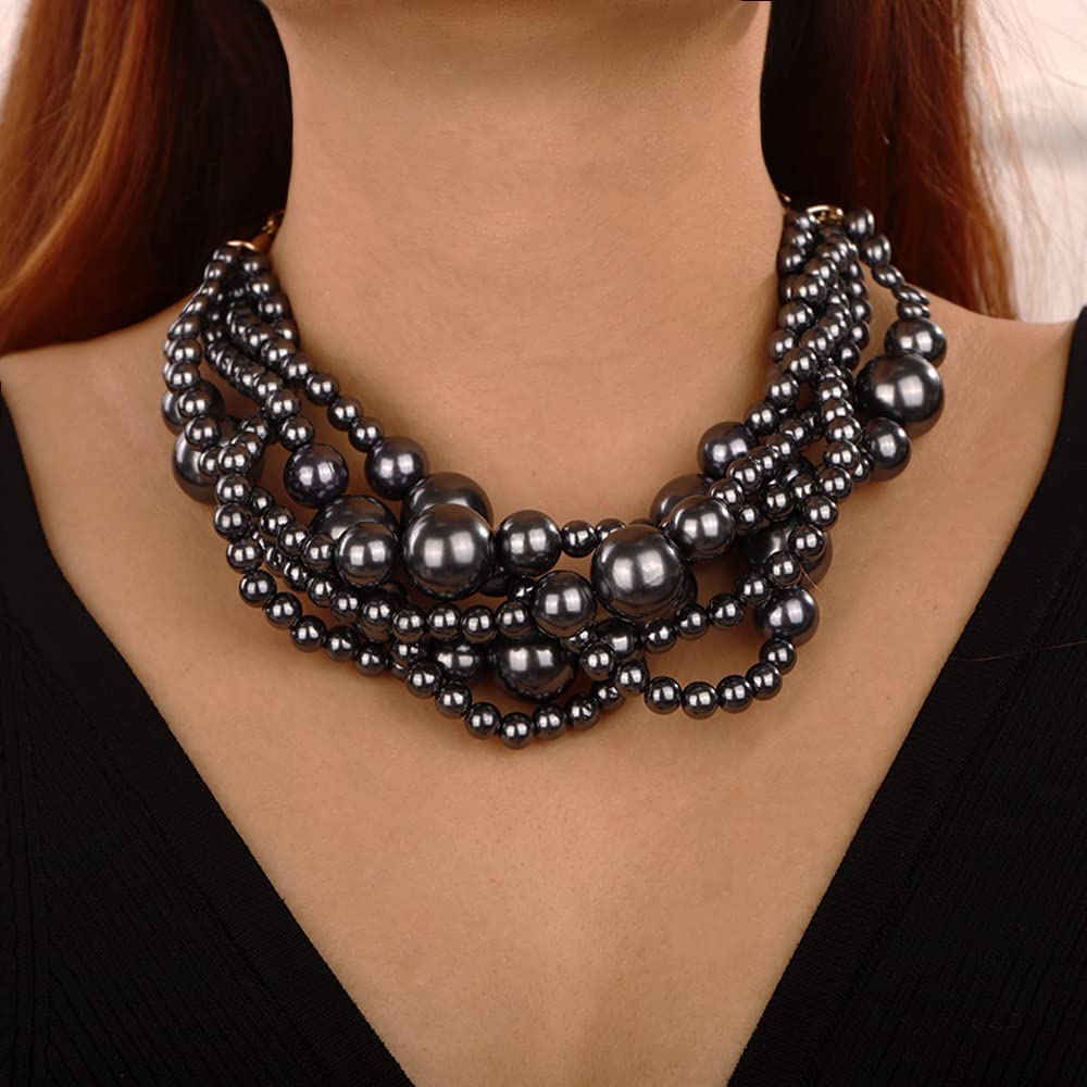 Wiwpar 2PCS Large Chunky Statement Black Faux Pearl Bib Choker Necklace and Earring Set for Party Wedding Halloween Ladies (black)