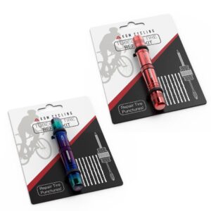 kom cycling tubeless tire repair kit for bikes – red and iridescent bundle! fixes mountain bike and road bicycle tire punctures – includes tire repair fork and reamer, 8 bacon strips.