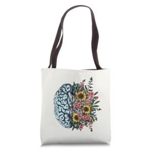 blue floral brain and sunflower, mental, human intellect tote bag