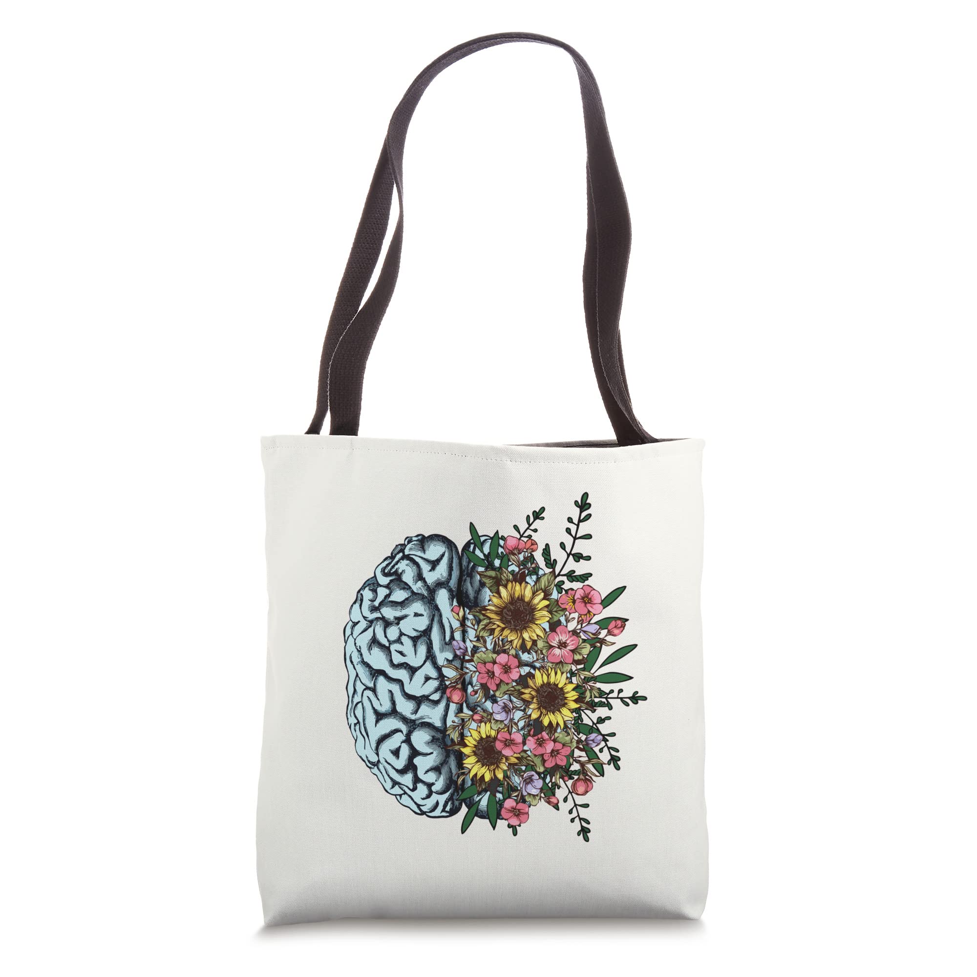 Blue floral brain and sunflower, mental, human intellect Tote Bag