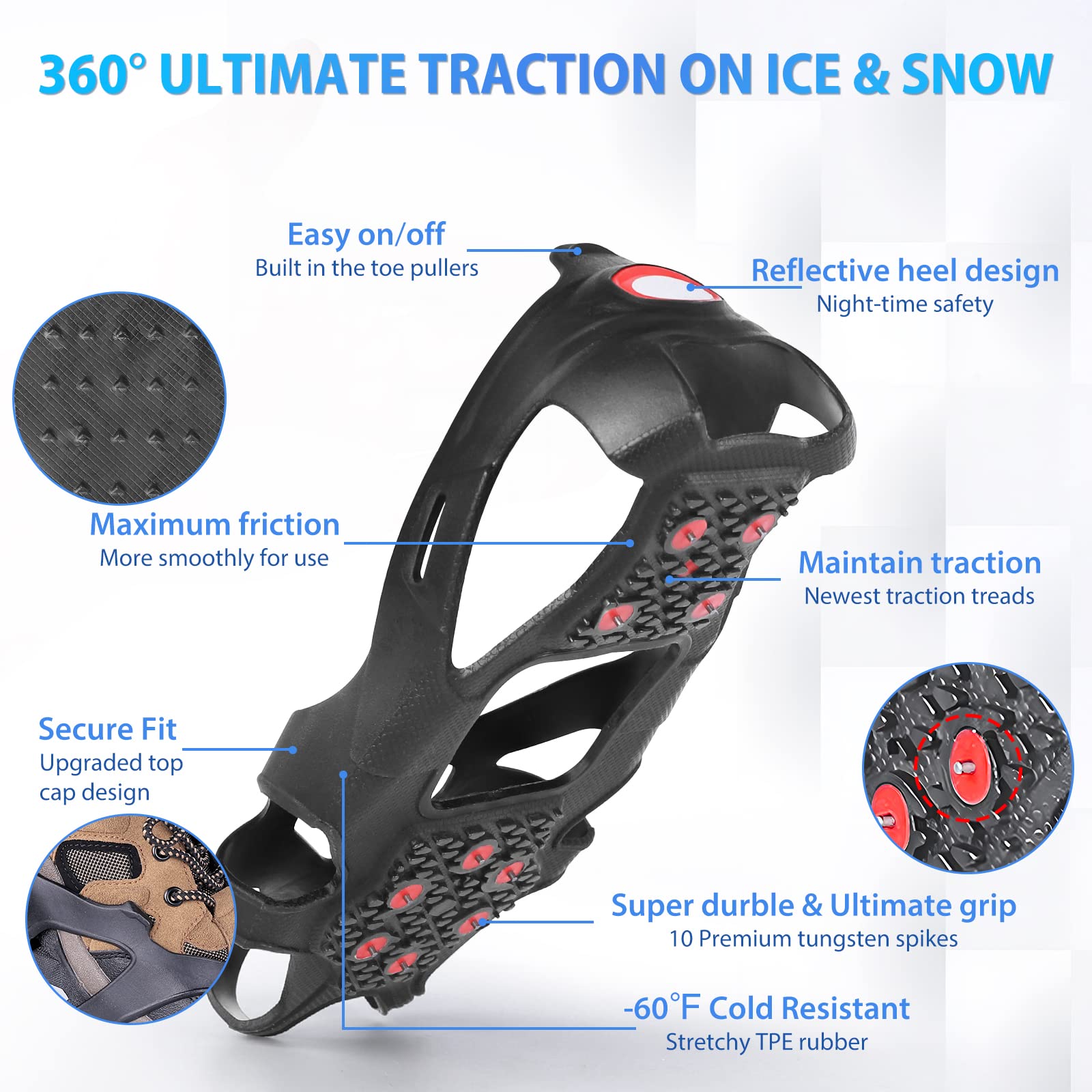 Sfee Crampons Ice Cleats, V3 Tungsten Ice Cleats for Shoes and Boots Crampons for Hiking Boots Ice Cleats for Women Men Kids Traction Cleats for Walking on Snow Ice Grips for Fishing, Walking, Running