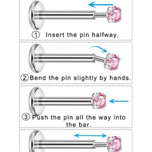 FANSING Tragus Piercing Jewelry Surgical Steel Cartilage Earrings 20g Threadless Nose Stud 10mm Lip Ring Push in Labret 1.5mm Pink CZ for Women Conch Helix Rook Flat Back