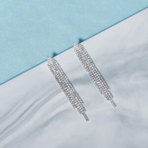 Mlouye Rhinestone Chandelier Earrings Dangling for Women, Triangle Long Tassel Fringe Crystals Dangle Earring for Prom Party Silver Tone Clear