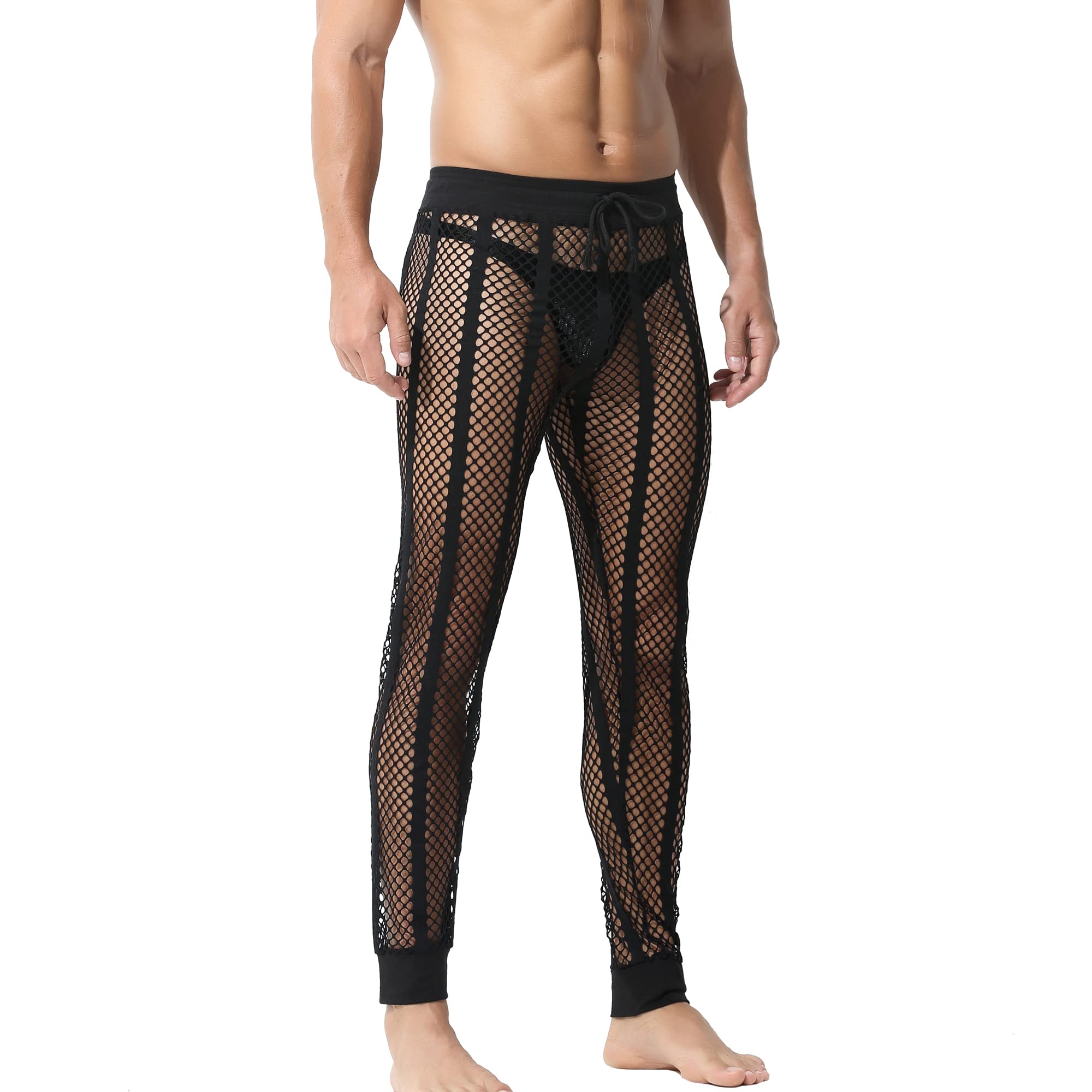 WINTOFW Men's Mesh Fishnet Pants See Through Darwstring Long Pajamas Pants Leggings Underpants Underwear