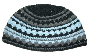 frik kippah skull cap yarmulke yamaka crochet black, gray, aqua striped israel 26 cm