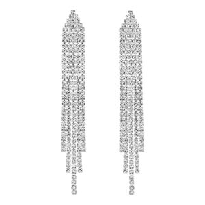 mlouye rhinestone chandelier earrings dangling for women, triangle long tassel fringe crystals dangle earring for prom party silver tone clear