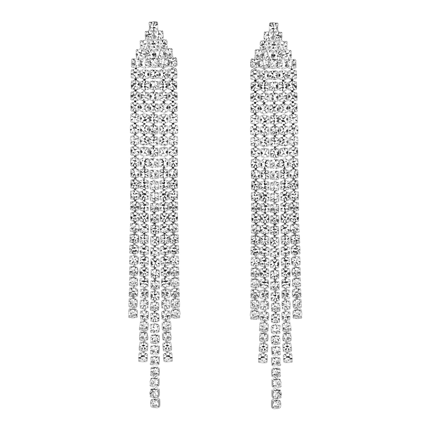 Mlouye Rhinestone Chandelier Earrings Dangling for Women, Triangle Long Tassel Fringe Crystals Dangle Earring for Prom Party Silver Tone Clear