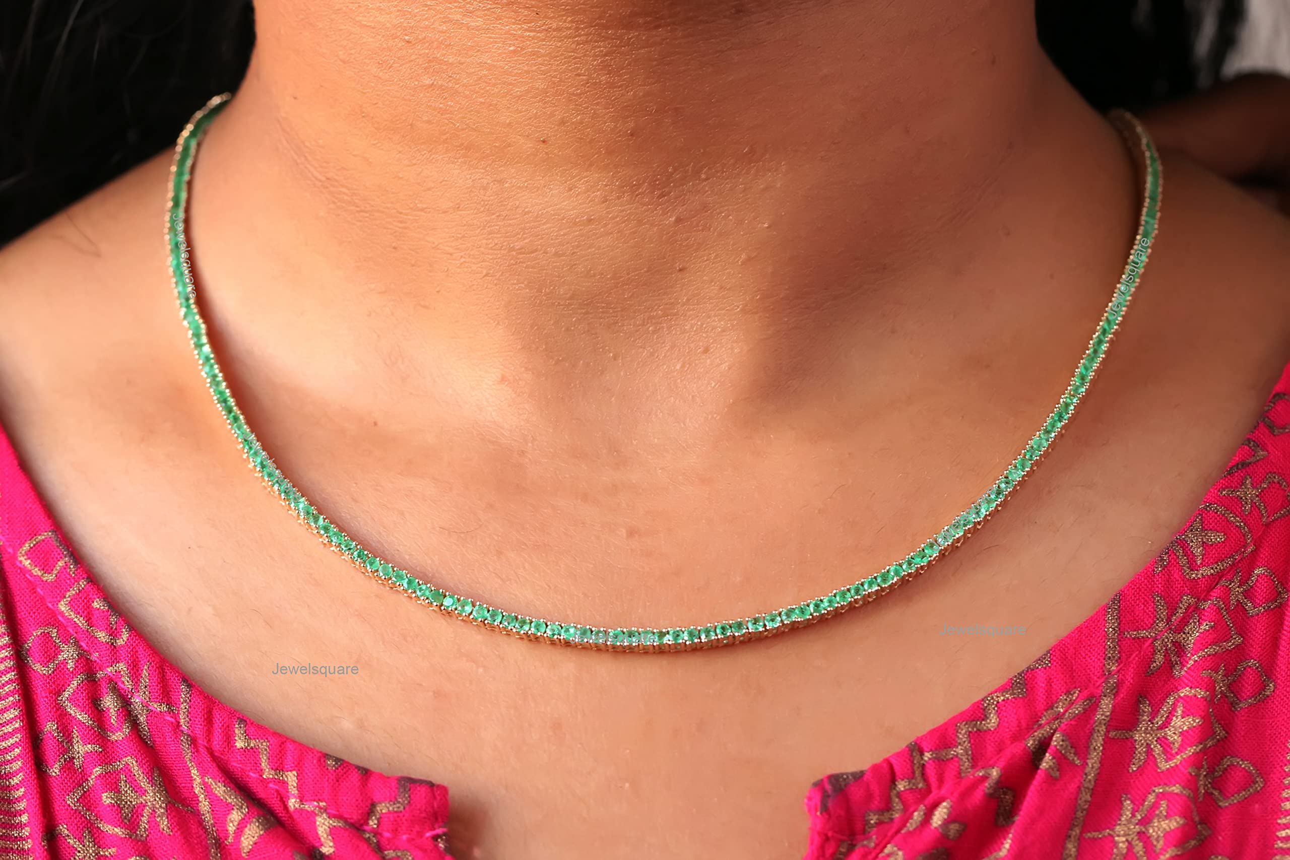 Jewel Square 1.8mm Emerald Tennis Choker Layered Chain Necklace In 925 Starling Silver Gold (Plated) 16"