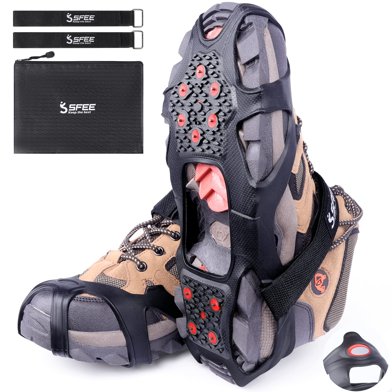 Sfee Crampons Ice Cleats, V3 Tungsten Ice Cleats for Shoes and Boots Crampons for Hiking Boots Ice Cleats for Women Men Kids Traction Cleats for Walking on Snow Ice Grips for Fishing, Walking, Running