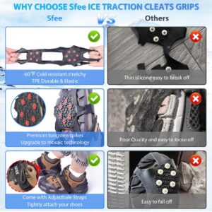 Sfee Crampons Ice Cleats, V3 Tungsten Ice Cleats for Shoes and Boots Crampons for Hiking Boots Ice Cleats for Women Men Kids Traction Cleats for Walking on Snow Ice Grips for Fishing, Walking, Running