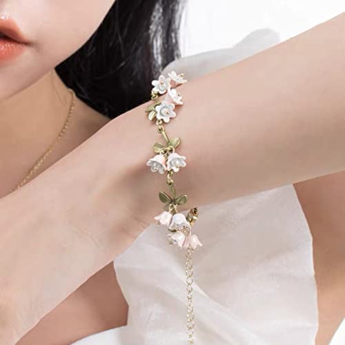 Cualque Lily of the Valley Bracelet Green Paint Valley Lily Leaves Jewelry Freshwater Pearl Vintage Bracelet for Women Bride