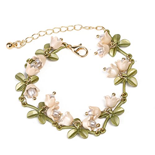 Cualque Lily of the Valley Bracelet Green Paint Valley Lily Leaves Jewelry Freshwater Pearl Vintage Bracelet for Women Bride