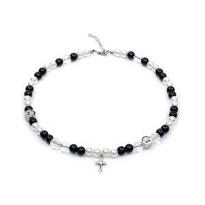 flyemmet gothic cross charm pendant necklaces y2k fashion black beads pearls chain choker necklace for women men jewelry gifts (smiley face beads)