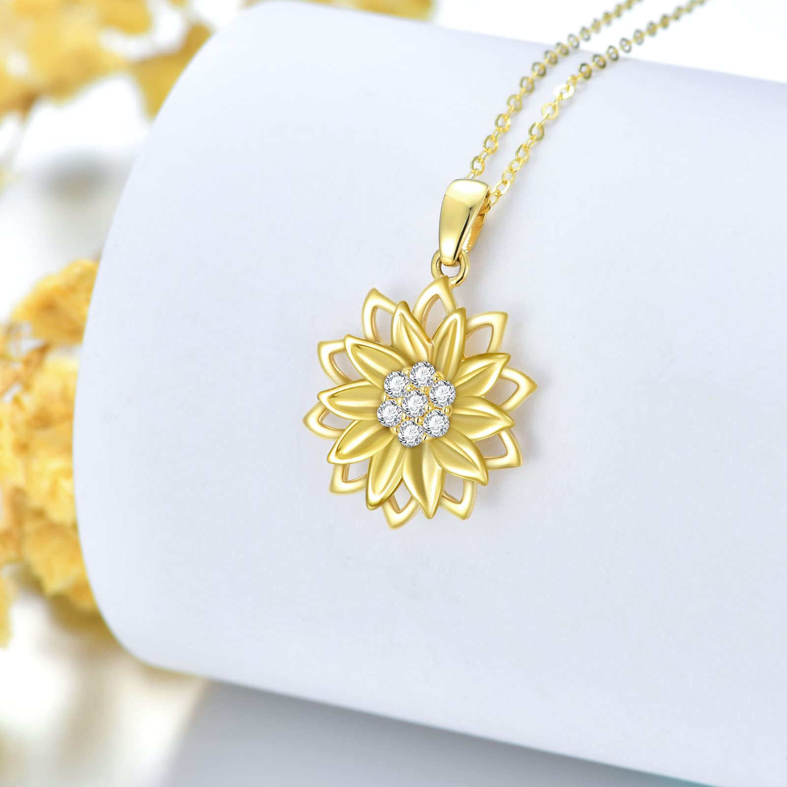 Solid 14K Sunflower Pendant Necklace, Real Gold Flower Necklace for Women You are May Sunshine Necklace Fine Jewelry Gifts for Wife, Mom,16''-18'' (Style 4)