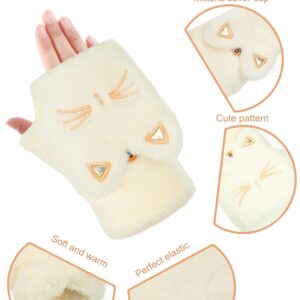 SATINIOR 2 Pairs Winter Gloves Thick Warm Soft Plush Convertible Flip Top Mittens Full Finger Gloves for Women Girls (White, Black, Cat)