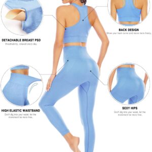 NOVA ACTIVE Workout Sets for Women 2 Piece High Waisted Seamless Leggings with Padded Stretchy Sports Bra Sets Yoga Outfit Jogging Gym Clothes(N007S-Blue)