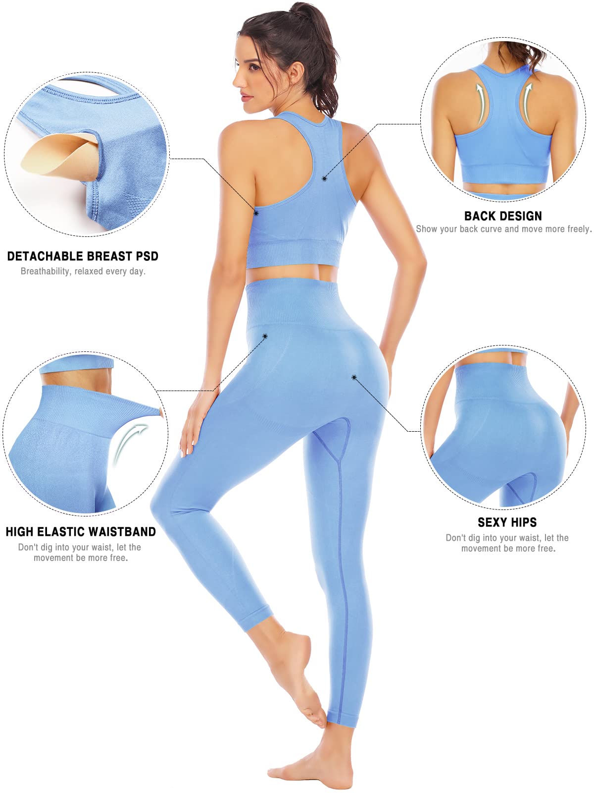 NOVA ACTIVE Workout Sets for Women 2 Piece High Waisted Seamless Leggings with Padded Stretchy Sports Bra Sets Yoga Outfit Jogging Gym Clothes(N007S-Blue)