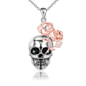 hxillery skull necklace 925 sterling silver eagle claw skullrose and skull necklace goth vintage skeleton skull necklaces halloween pendant accessories gothic punk statement jewelry gift halloween