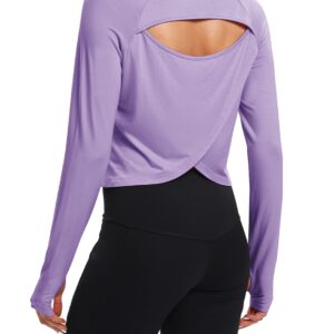 Bestisun Women Athletic Workout Dry Fit Long Sleeve Open Back Workout Shirts Yoga Top Gym Shirt Cropped Sweaters Light Purple M