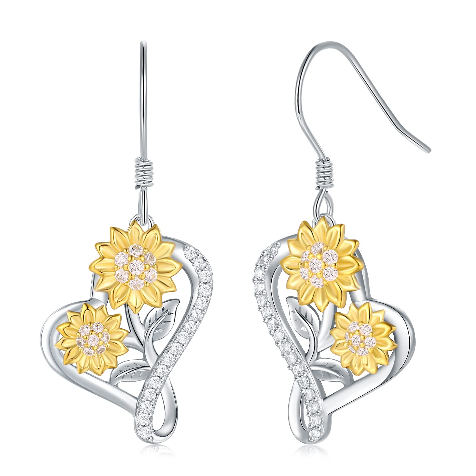 925 Sterling Silver Sunflower Earrings for Women - Hypoallergenic Cubic Zirconia Infinity Heart Dangle Jewelry for Teen Couples Family (Yellow Sunflower)