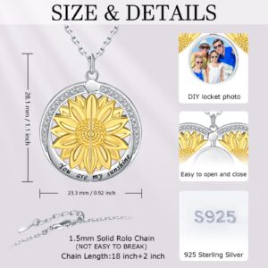 You are My Sunshine Necklace Sunflower Jewelry for Women - 925 Sterling Silver Locket with Engraved Hidden Message Pendant Mother's Day Gifts for Couples Mother Daughter (Gold Photo Locket)