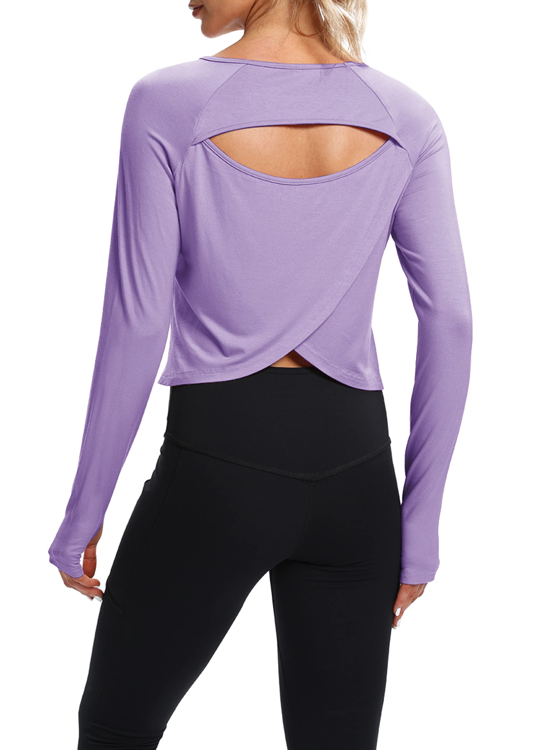 Bestisun Women Athletic Workout Dry Fit Long Sleeve Open Back Workout Shirts Yoga Top Gym Shirt Cropped Sweaters Light Purple M