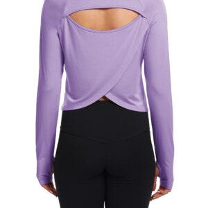 Bestisun Women Athletic Workout Dry Fit Long Sleeve Open Back Workout Shirts Yoga Top Gym Shirt Cropped Sweaters Light Purple M