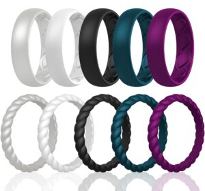 saco band silicone ring wedding band for women - 10 pack ring set (white, black, pearl silver a, dark teal b, purple 2613 - size 6.5-7 (17.35mm))