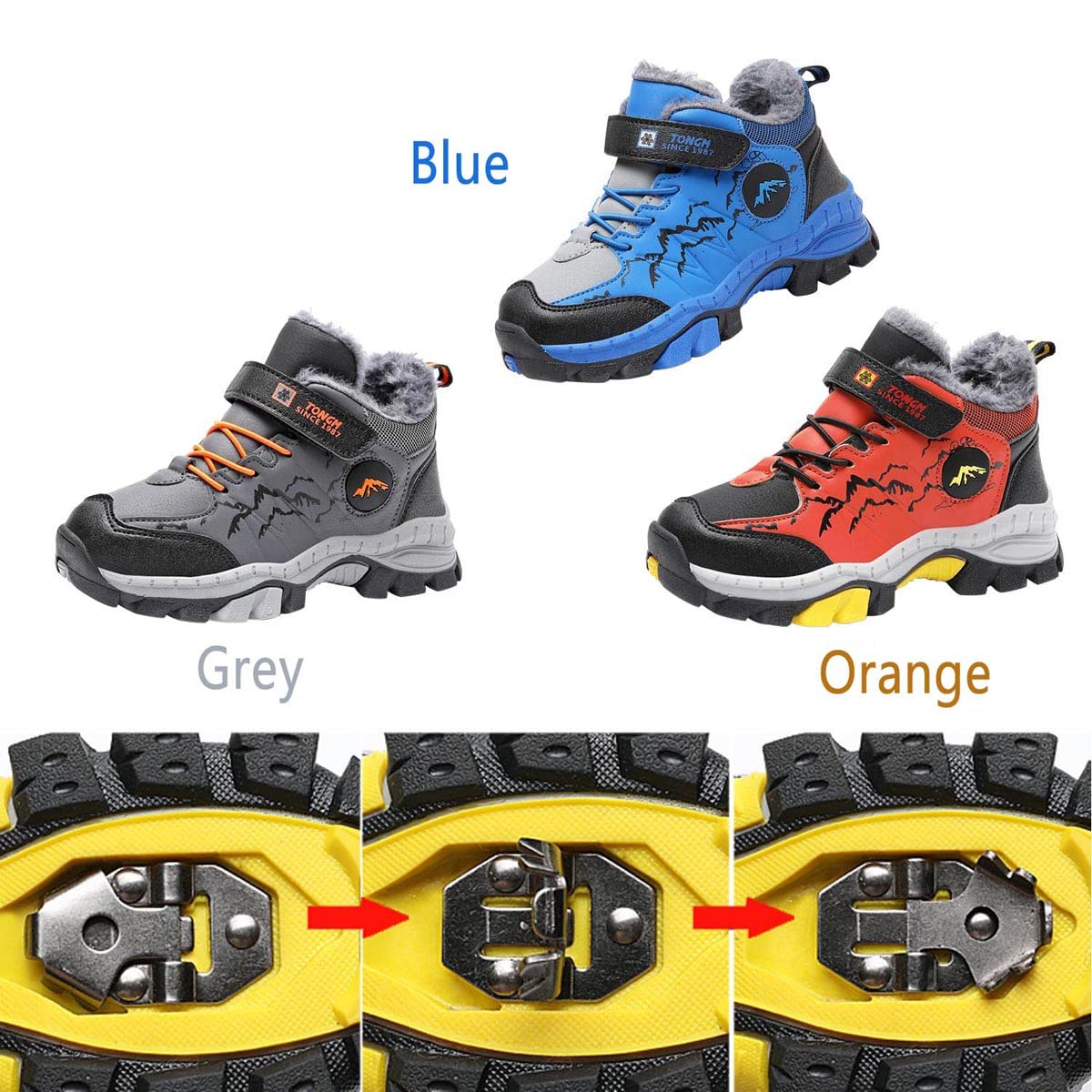 Kids Boys Hiking Boots Outdoor Trekking Climbing Shoes Trainers Sneaker Anti-Skid Claw Snow Boots with Steel Buckle Sole