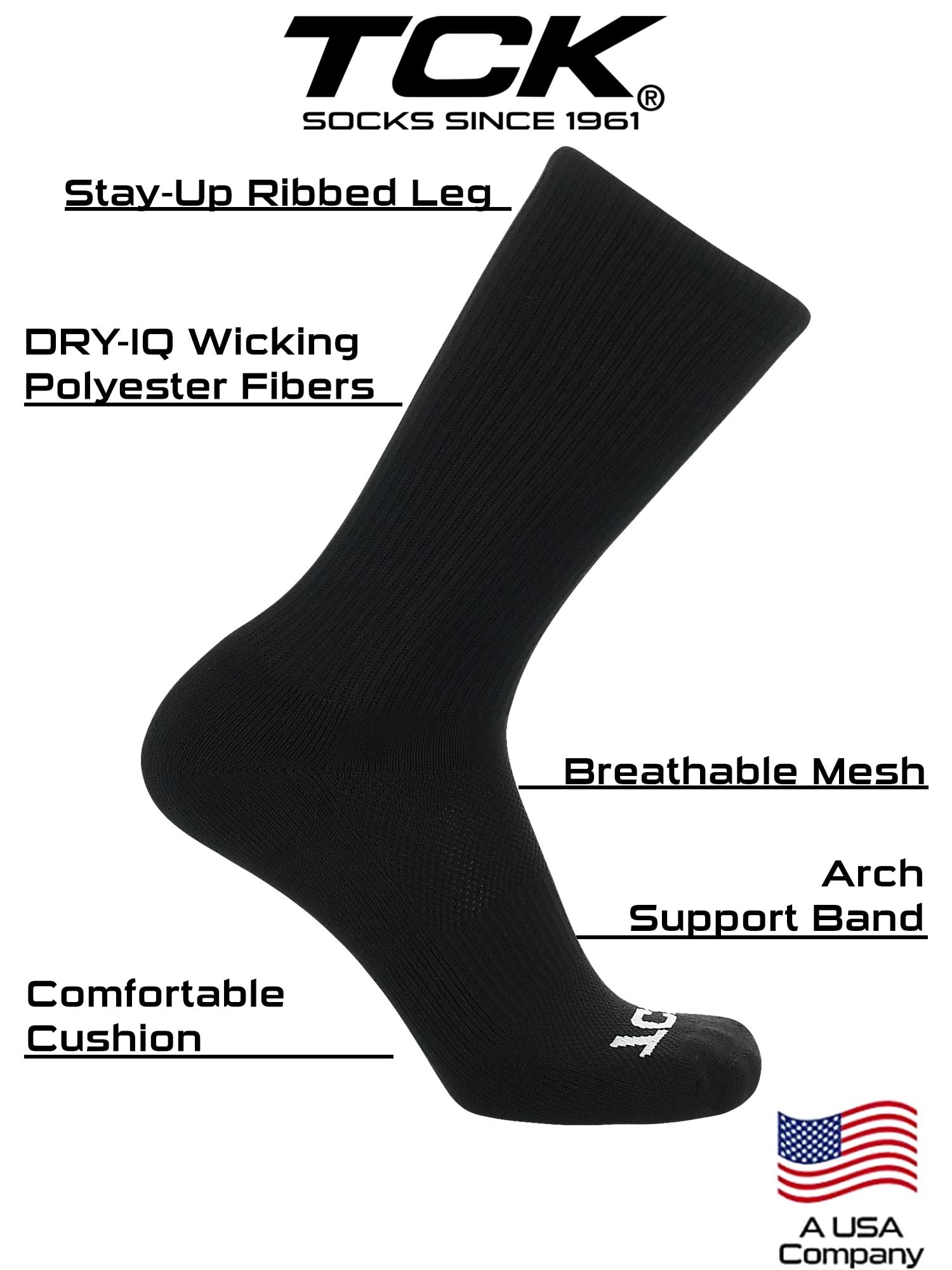 TCK 12 Pairs Work & Athletic Crew Socks (12 Pairs-Black, Large)