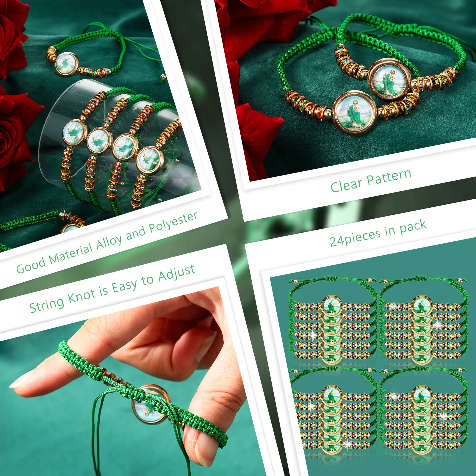 Youyole 50 Pieces San Judas Tadeo Bracelet Saint Jude Bracelet Rosary Adjustable Handmade Green Knot Rosary Bracelet St Jude Bracelet for Women Men