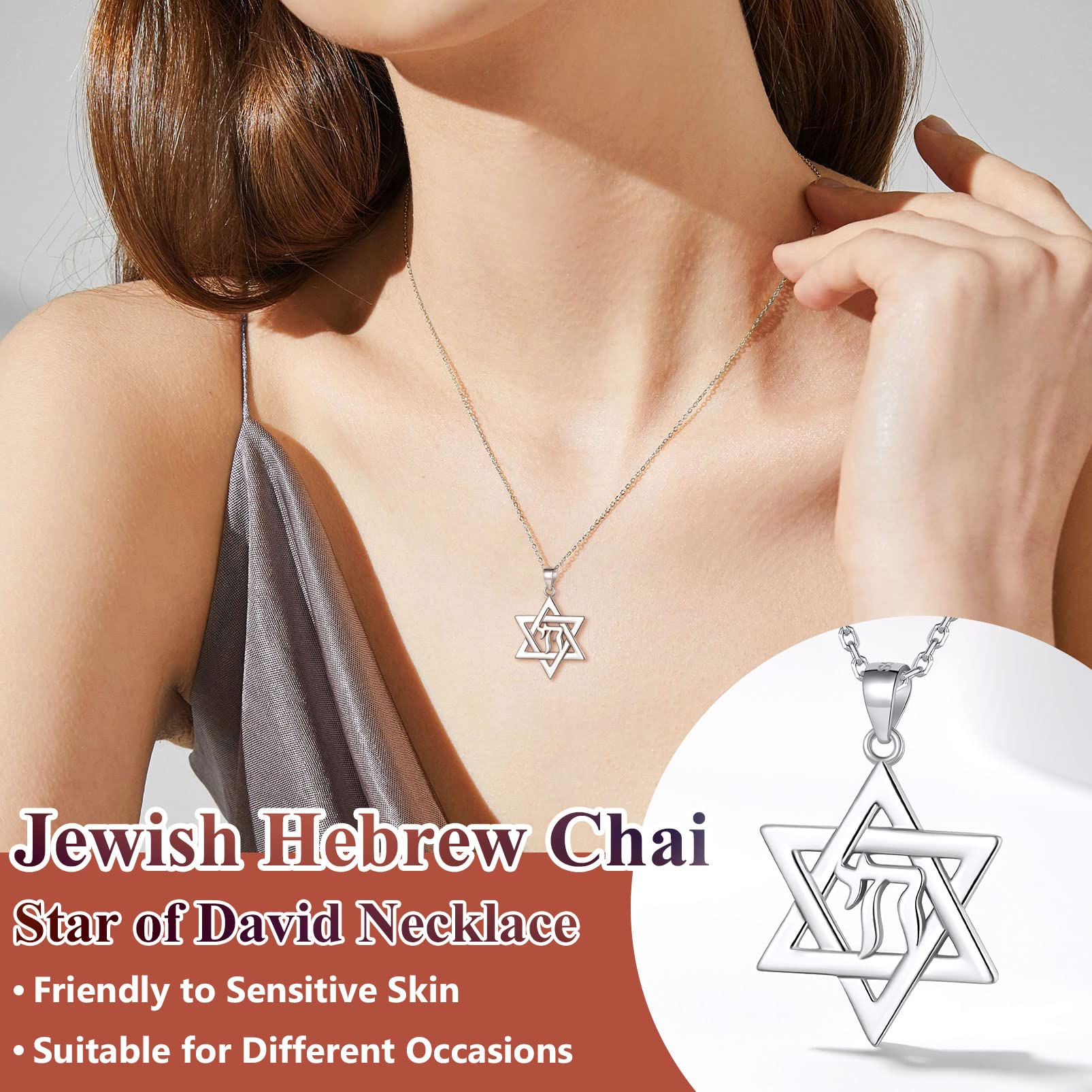 Jewish Hebrew Chai Necklace Star of David Pendant for Female Vintage Dainty Jewelry Birthday Gift for Mother Sister