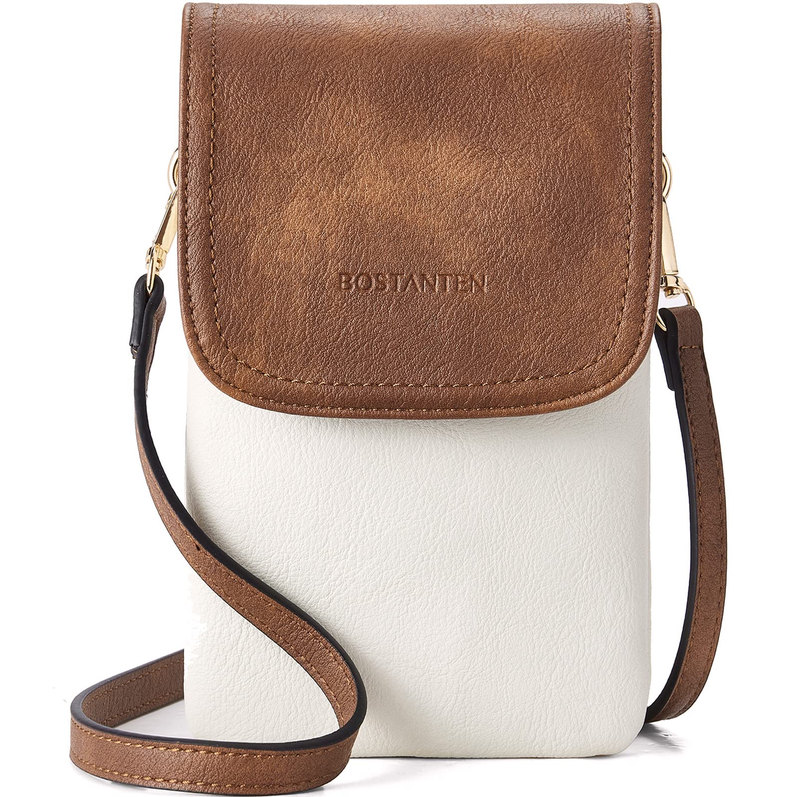 BOSTANTEN Leather Small Crossbody Bags for Women Designer Cell Phone Bag Wallet Purses Adjustable Strap White with Brown