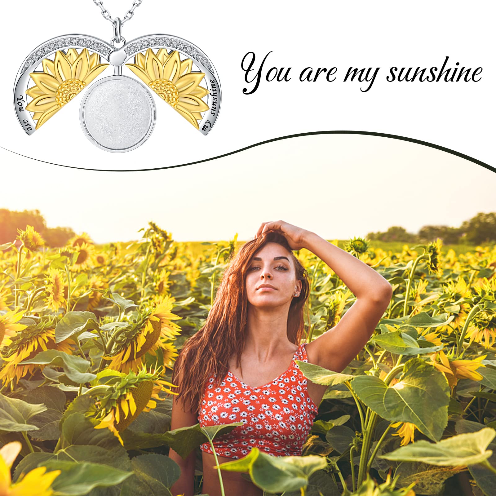 You are My Sunshine Necklace Sunflower Jewelry for Women - 925 Sterling Silver Locket with Engraved Hidden Message Pendant Mother's Day Gifts for Couples Mother Daughter (Gold Photo Locket)