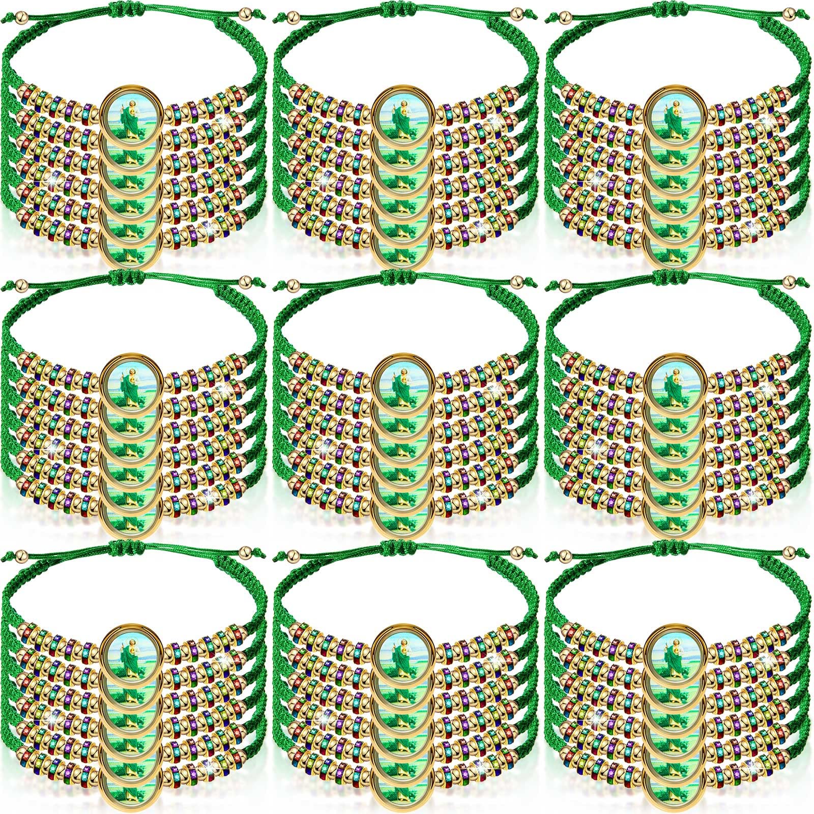 Youyole 50 Pieces San Judas Tadeo Bracelet Saint Jude Bracelet Rosary Adjustable Handmade Green Knot Rosary Bracelet St Jude Bracelet for Women Men