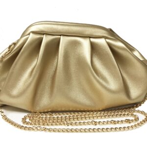 expouch Women Cloud Bag Slouchy Clutch Ruched Purse Evening Handbag with Gold Chain Shoulder Bag (Gold)