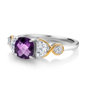 Gem Stone King 925 Silver and 10K Yellow Gold Cushion Amethyst Half Moon Moissanite and Lab Grown Diamond 3-Stone Engagement Ring For Women (1.36 Cttw, Available In Size 5, 6, 7, 8, 9)