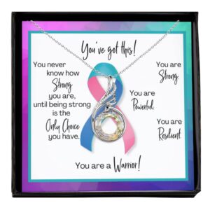 thyroid cancer warrior necklace - gift for support, fighter, survivor - blue, pink and teal ribbon awareness - jewelry for post-surgery, chemo patient